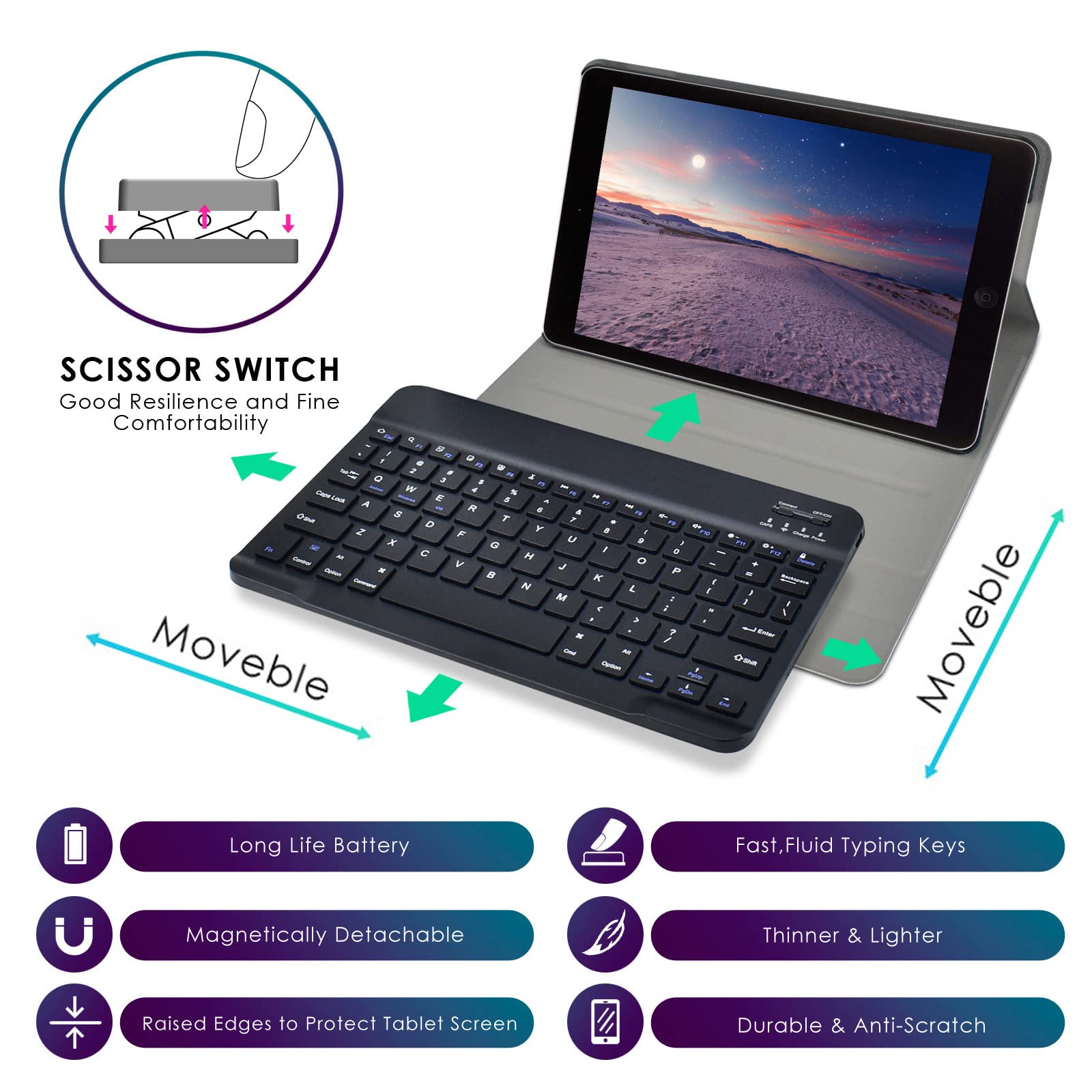 DETUOSI iPad 9.7" Case with Keyboard for iPad Air 2/ Air 1, iPad Pro 9.7, iPad 9.7 inch 2017/2018 (5th/ 6th Gen), Detachable Wireless Keyboard + Multiple Angle Stand PU Leather Cover for iPad 9.7-inch