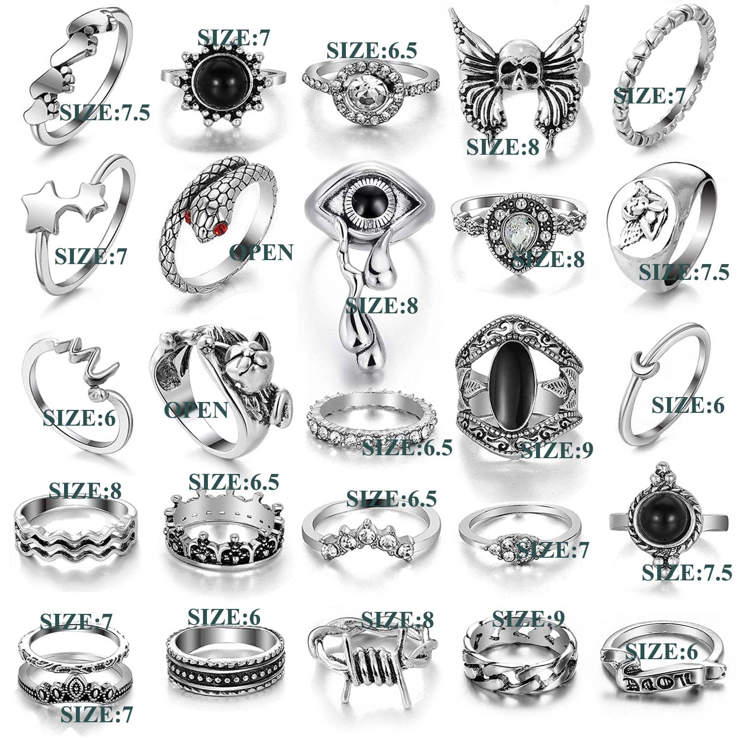 26 PCS Vintage Silver Goth Ring Set for Women Punk Boho Stackable Finger Knuckle Ring Pack Gothic Chunky Aesthetic Grunge adjustable Animal Devil Skull Angel Crying Eye Emo Retro Sparkle Crystal Rings