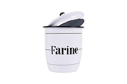 Creative Co-Op Enameled White Canisters with French Writing & Black Rims (Set of 4 Sizes)