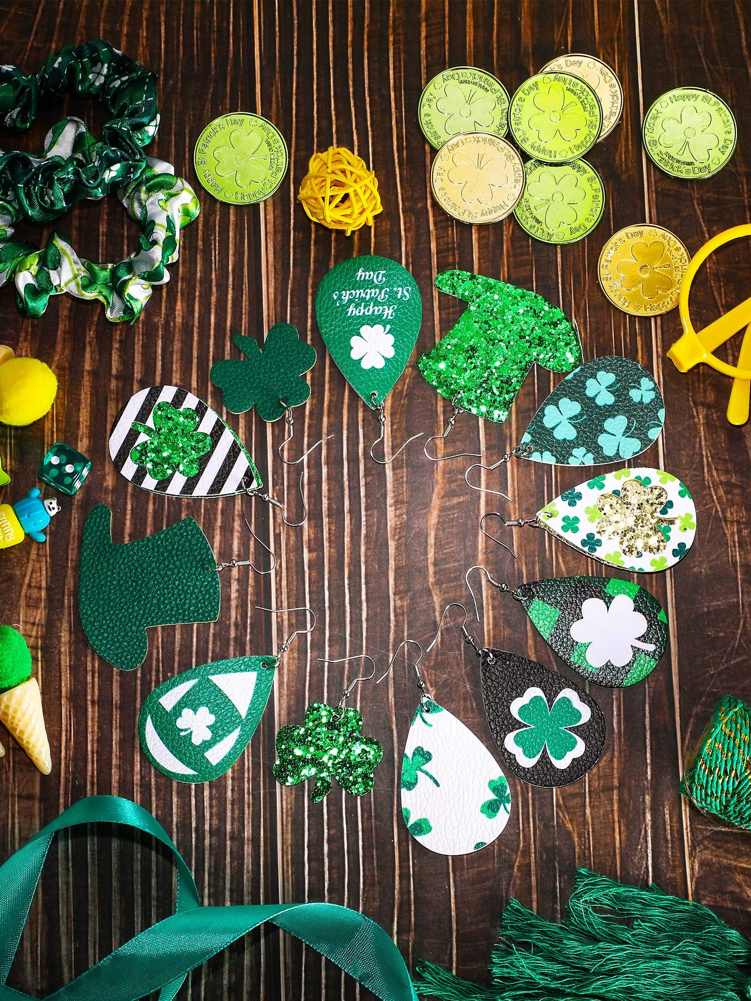 25 Pairs St Patrick's Day Easter Faux Leather Earrings Set Teardrop Clover Green Hat Easter Egg Dangle Earrings for Women Girls