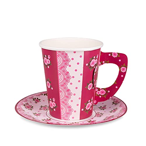 Royal Bluebonnet Rose Paper Tea Cups for Tea Party - 24 Disposable Tea Cups, Plates, and Napkins for Hot & Cold Drinks great for Easter, Mother's Day, Princess and Spring Little Girls Parties