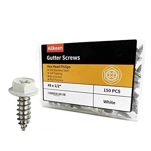Allkeen Stainless White Painted Hex Head Self-Tapping Gutter Screws #8 x 1/2", 150 Pieces