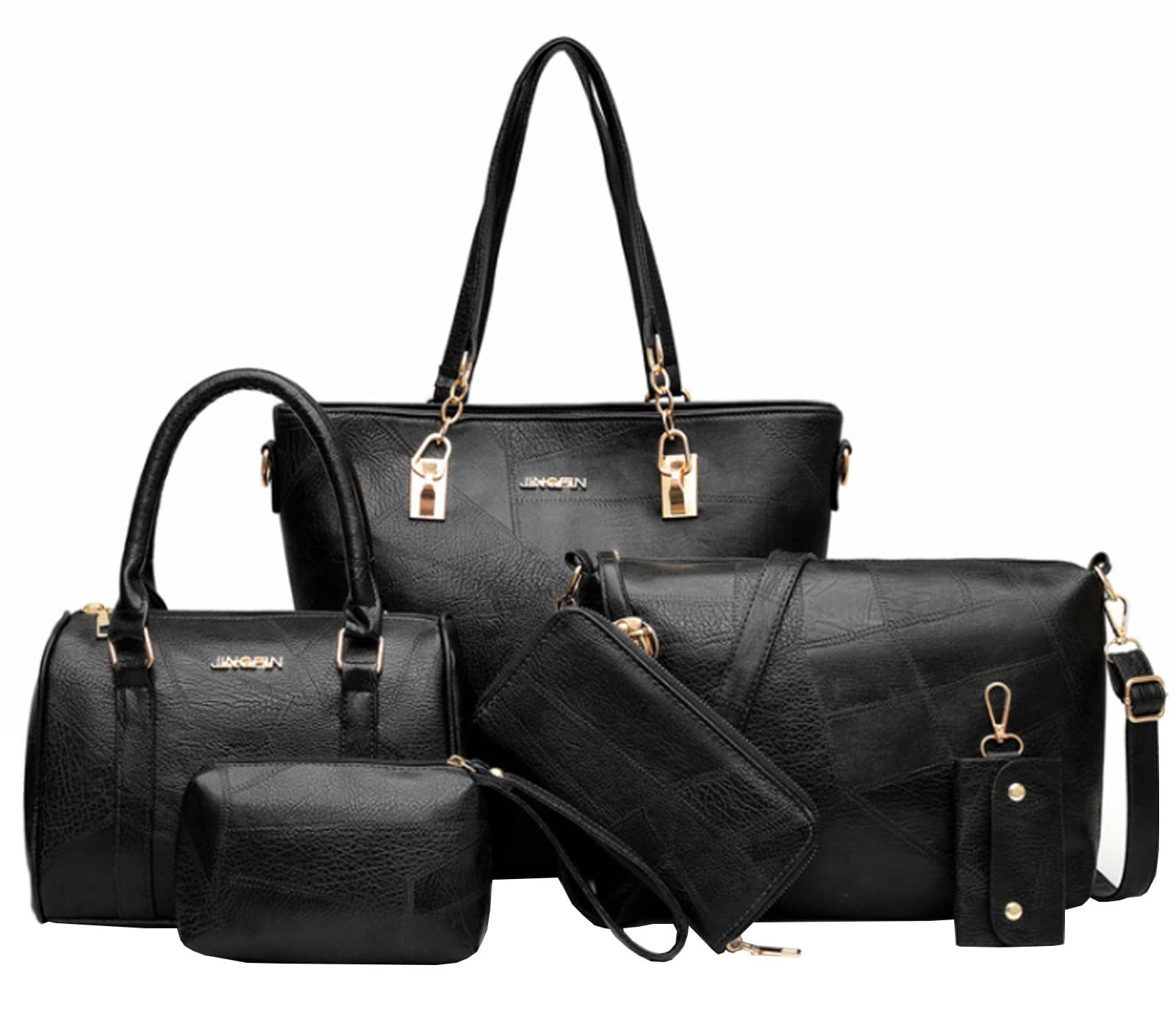AlwaySky Women 6PCS Handbag and Purse Set Hobo Tote Satchels Shoulder Bag Clutch Wallet Black