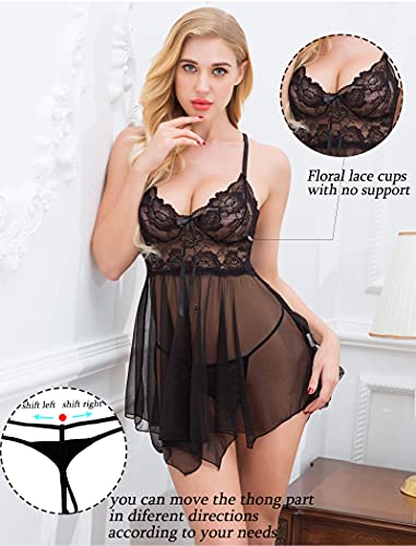 Avidlove Women Babydoll Set Mesh Lingerie Strap Chemise Lace Sleepwear Outfits Black Medium