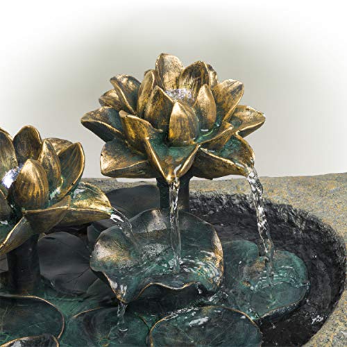 Alpine Corporation 30" Tall Outdoor Pedestal Lotus Rock Waterfall Fountain with LED Lights, Brown/Gray