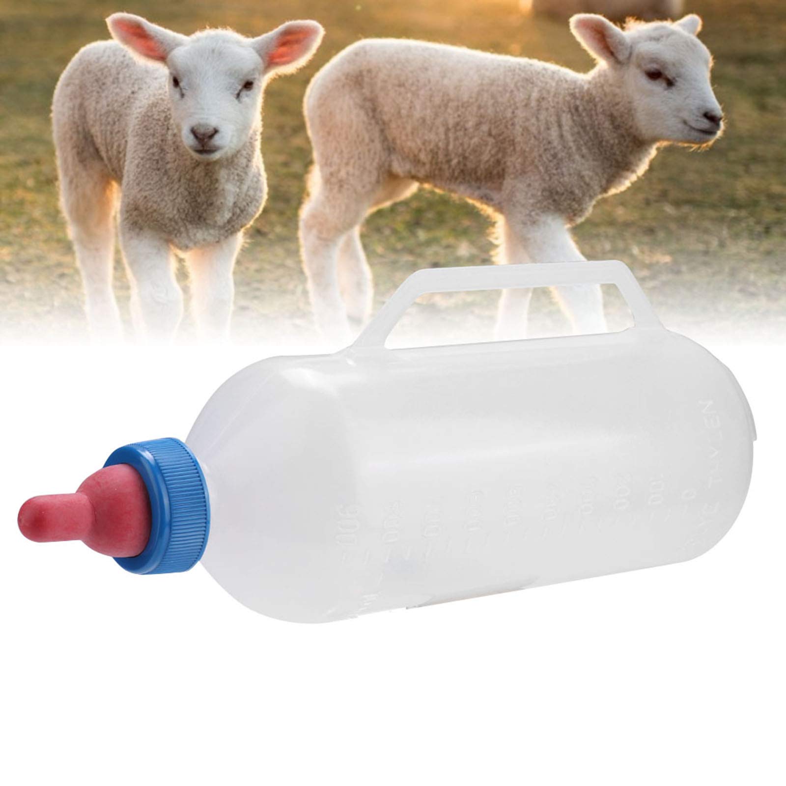 Lamb Milk Bottle Calf Goat Milk Feeder Bottle Baby Milk Feeding Screw-On Teat Feeder Detachable Nipple Sheep Replacement Nursing Bottle with Hand Grip & Scale 1L