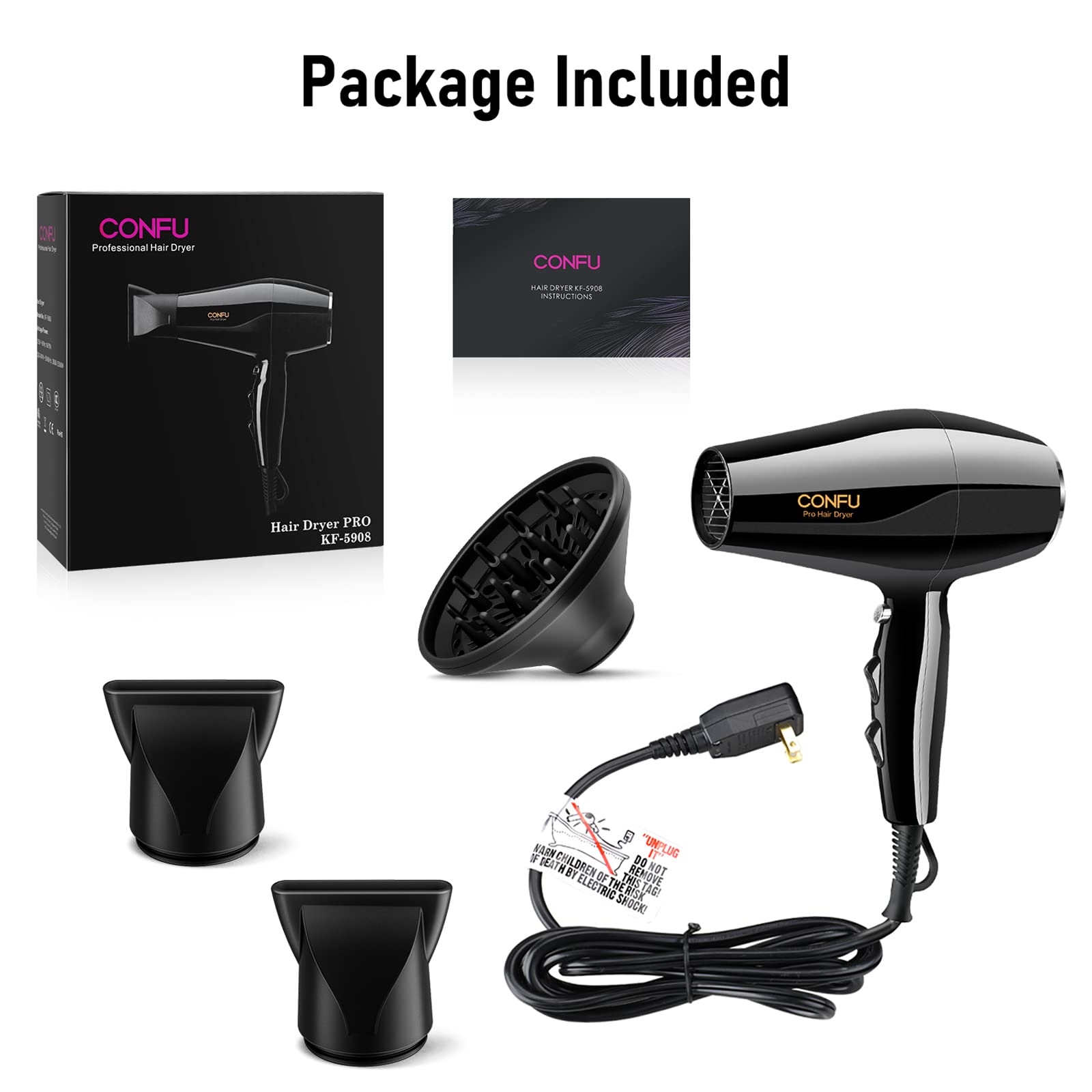 Confu Professional Blow Dryer with Diffuser, 1875w Ionic Hair Dryer with Diffuser for Curly Hair, Straight Hair, AC Motor Pro Ceramic Hair Dryers for Women and Men, Quiet and Powerful
