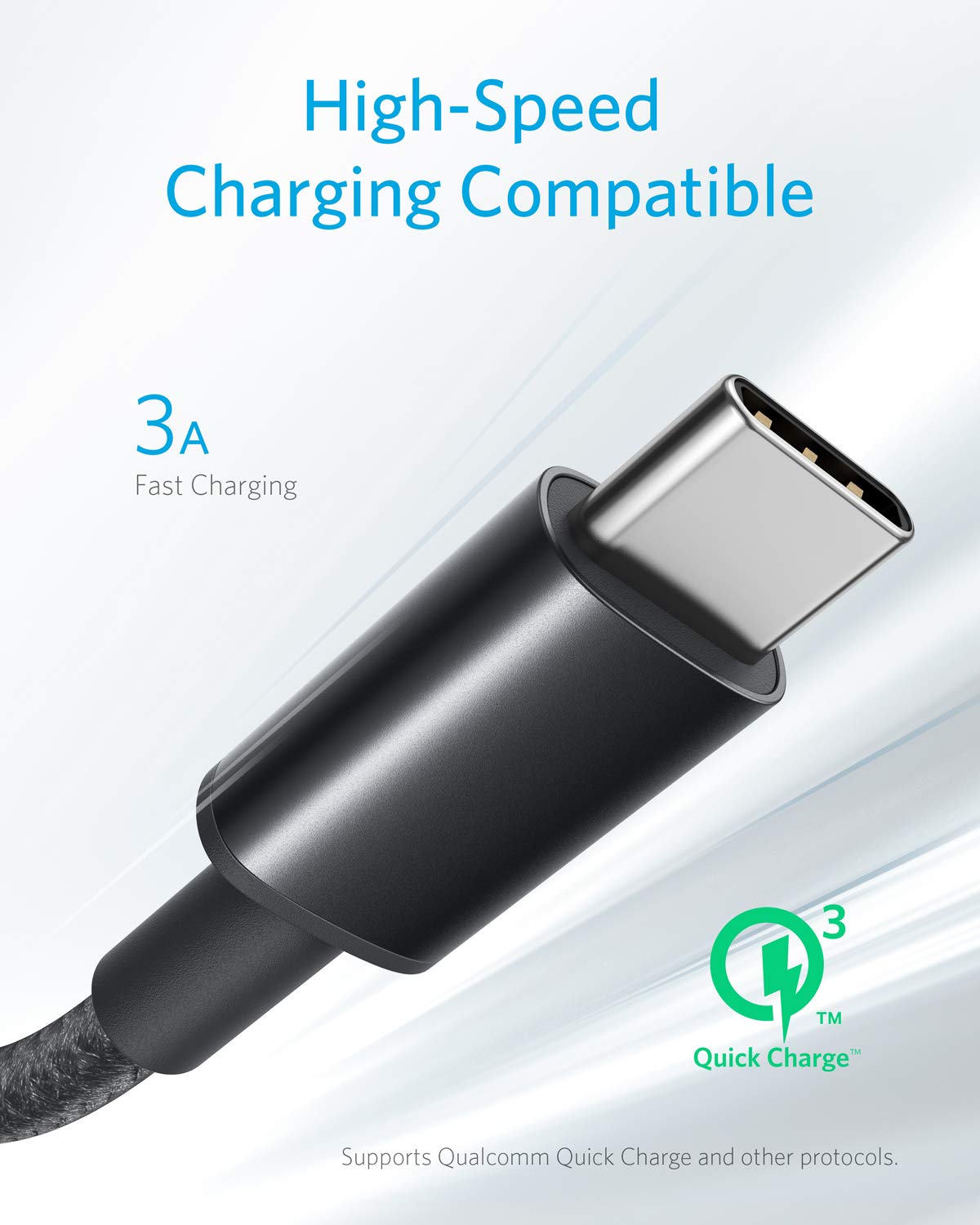 Anker [3-Pack, 6 ft] Premium Nylon USB-C to USB-A Fast Charging Type C Cable, for Samsung Galaxy S10 / S9 / S8 / Note 8, LG V20 / G5 / G6 and More (Black)