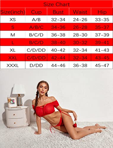 Avidlove Womens Lingerie Self Tie Ruffle Trim Dobby Teddy Mesh Lingerie Set Sexy Bra and Panty Set Red M
