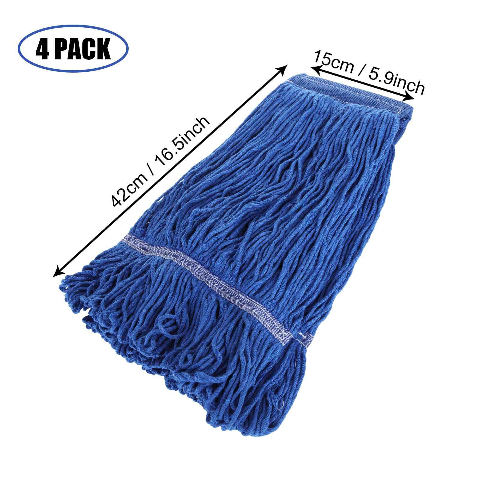 4Pcs Commercial String Mop Head, Loop-End Mop Head Replacement, Heavy Duty Mop Head Refills, 6 Inch Headband, Cotton Looped End Wet Cleaning Mop Refill for Home, Industrial and Commercial Use (Blue)