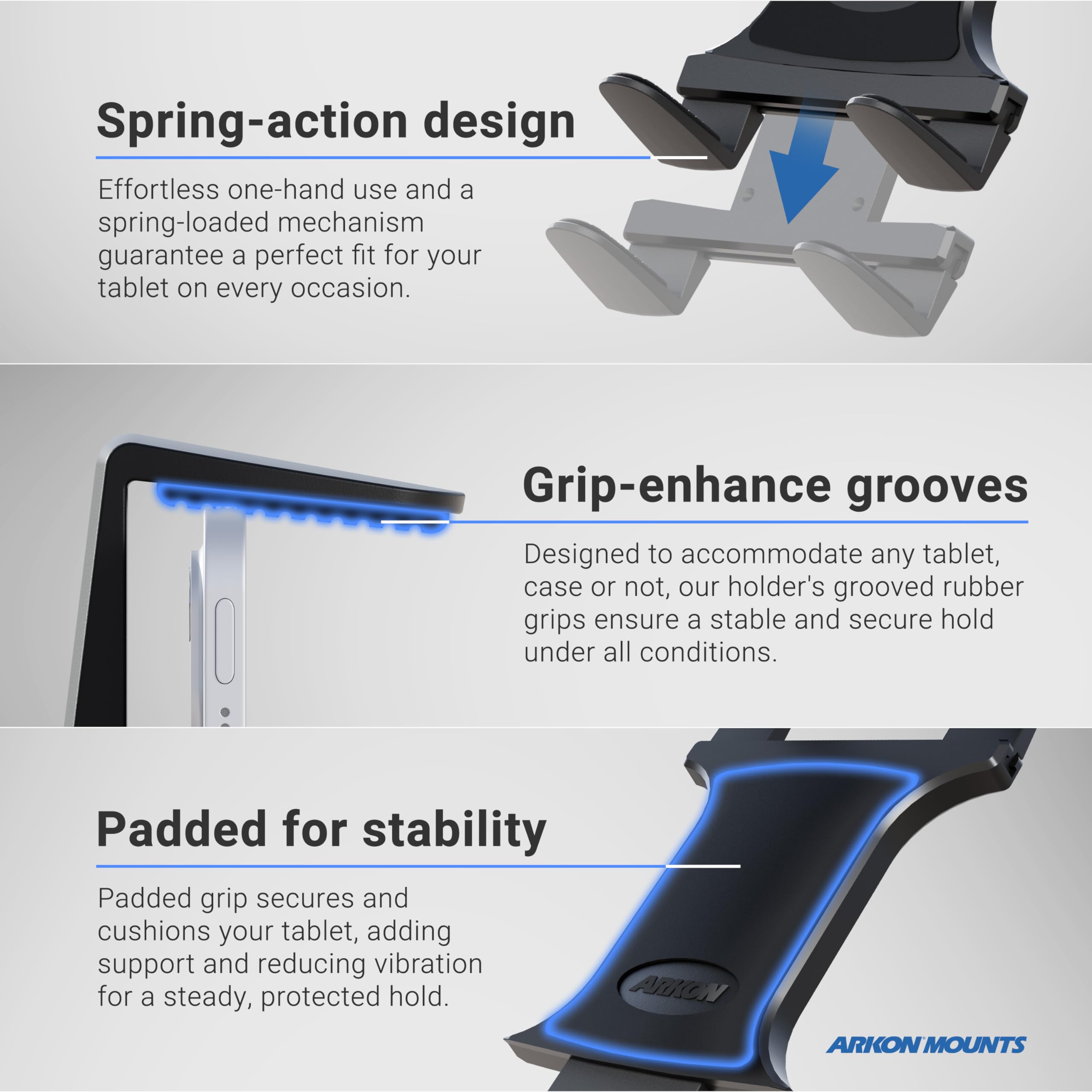 ARKON Mounts Slim-Grip Universal Tablet Holder | Grips Devices up to 18.4" in Screen Size | 4-Hole AMPS Pattern Compatible | Fits iPad, Samsung Tab, Google, Surface, and More | TAB001-AMPS