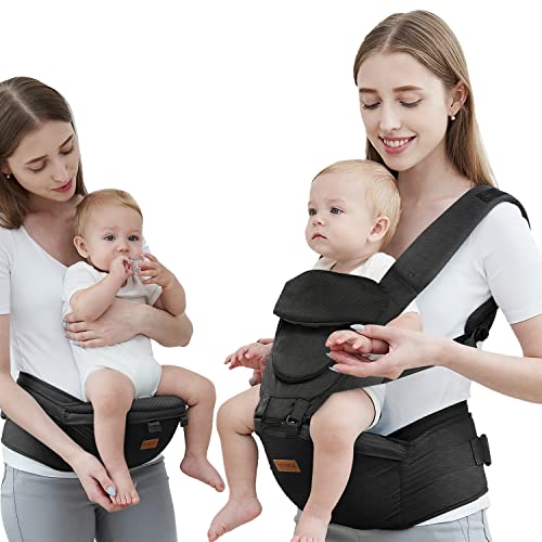 Baby Carrier with Hip Seat, Baby Carrier Newborn to Toddler, 6-in-1 Ways to Carry, All Seasons, Adjustable Baby Holder Carrier for Breastfeeding (Black)