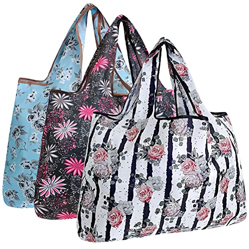 allydrew Large Foldable Tote Nylon Reusable Grocery Bags, 3 Pack, Vintage Flowers