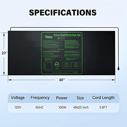 iPower GLHTMTL-A 48" x 20" Waterproof Durable Seedling Heat Mat Warm Hydroponic Plant for Indoor Gardening Germination Starting, Black