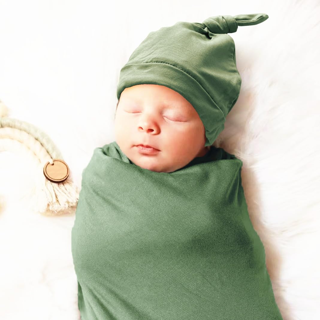 Aijoviko Newborn Swaddle Blanket with Hat Set Baby Swaddle Set Hospital Receiving Blankets for Girls Boys(Olive,35"*35")