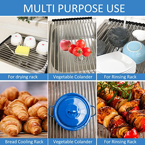 Ahyuan Roll up Dish Drying Rack Over The Sink Kitchen Roll up Sink Drying Rack Portable Dish Drainer Foldable Dish Drying Rack (Stainless Steel 17.7''X11.8'', Black)