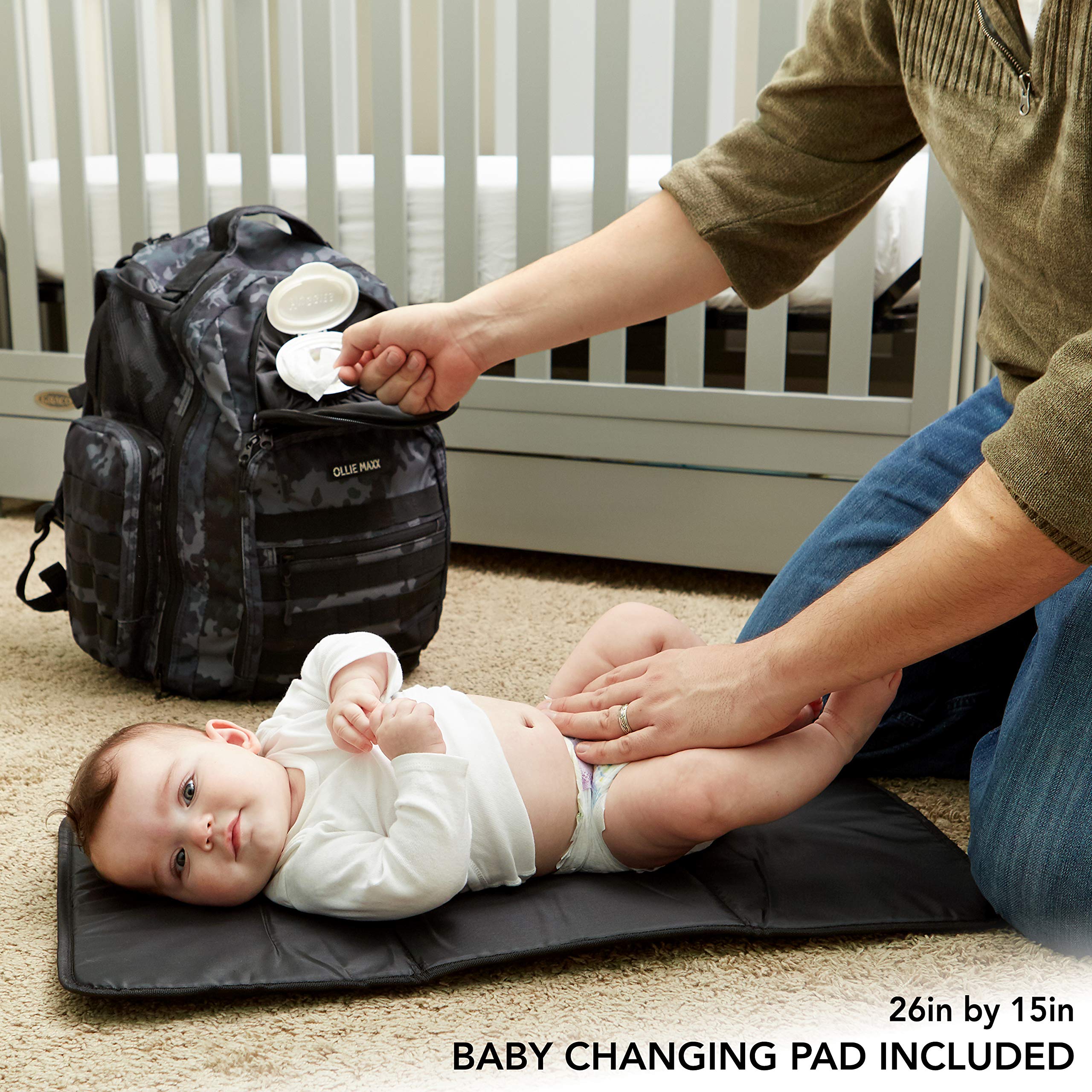 Diaper Bag Backpack for Dad - Baby Backpack - Dad Gear - Baby Accessories for Men - Tactical - Changing Pad, Wipe Dispenser, Stroller Straps, Military Camo with Flag Patch and Insulated Pockets