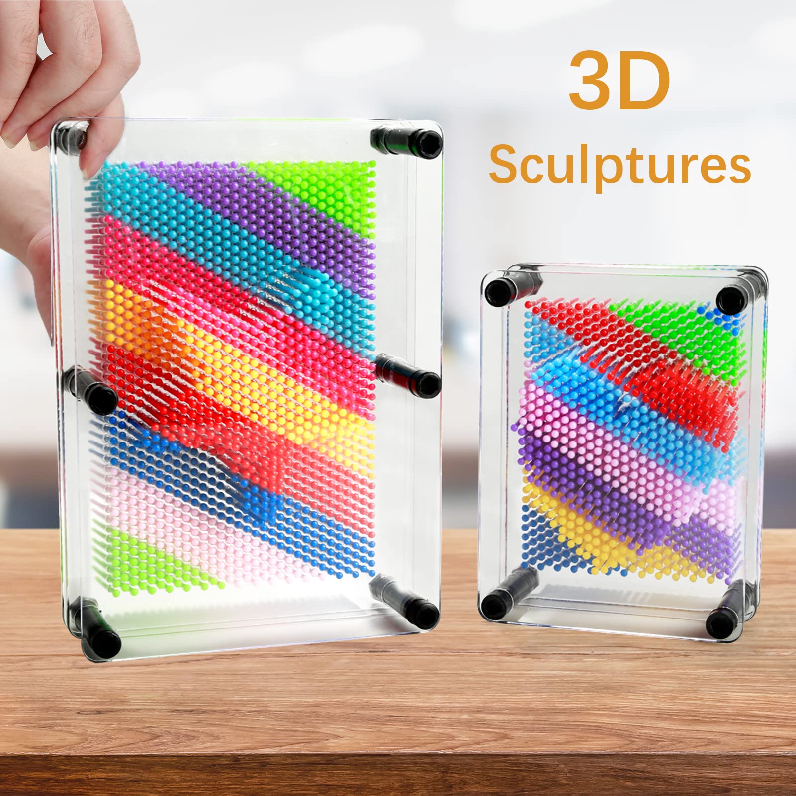 Aoibrloy 2 Pack 3D Pin Art Toy,Rainbow Sensory Pin Art Board Assorted Size Pin Impression Sculpture Needle Toys for Kids or Adults