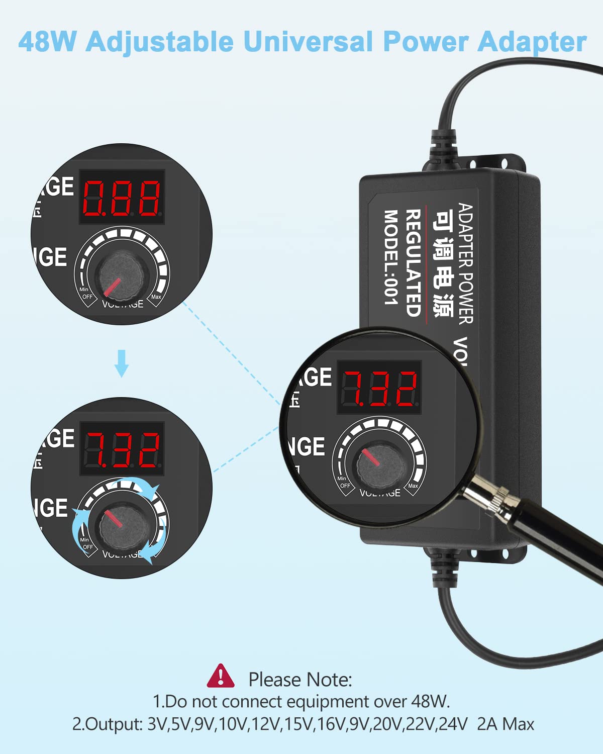 Aclorol Universal AC/DC Power Supply Adapter 48W AC 100-240V to DC 24V 2A 15V 12V 9V 6V 5V 3V 1A 1.5A 1000mA Power Supplies Adjustable Switching AC Adapter with Polarity Converter & 14 Tips