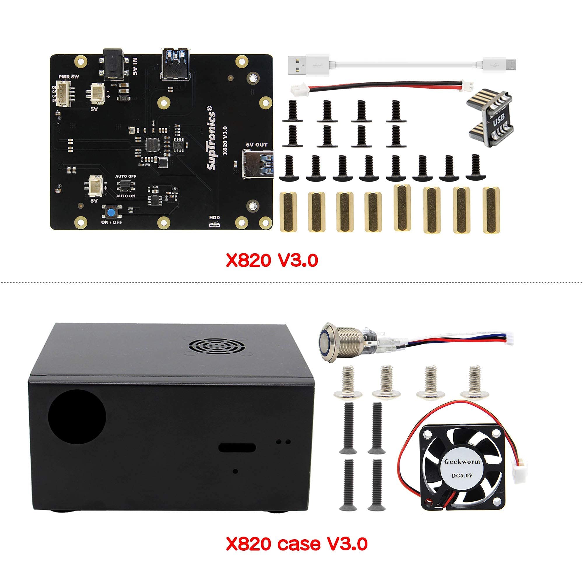 Geekworm for Raspberry Pi 3B+/3B, X820 V3.0 2.5" SATA HDD/SSD Expansion Board + Metal Case with Power Switch and Cooling Fan (Not Include Raspberry Pi)
