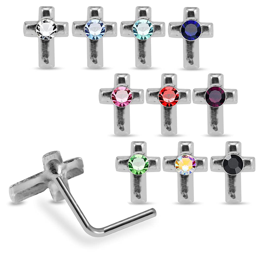 20 Pieces Box Set of Jeweled Cross Top Sterling Silver L Bend Nose Stud Jewelry