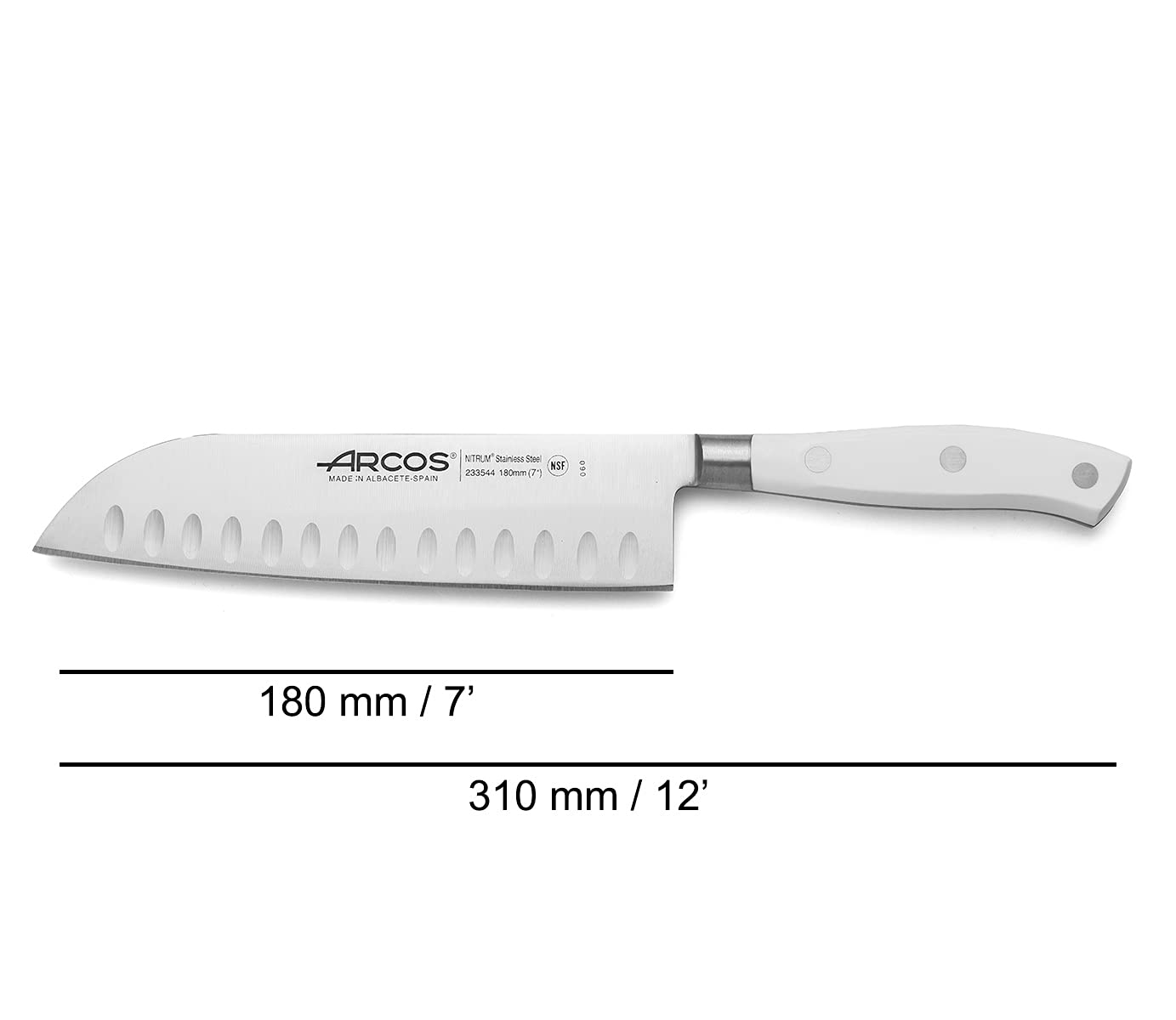ARCOS Forged Santoku Knife 7 Inch Stainless Steel. Japanese Sharp Knife For Cutting Meat, Fish and Vegetables. Ergonomic Polyoxymethylene Handle and 180mm Blade. Series Riviera Blanc. Color White,