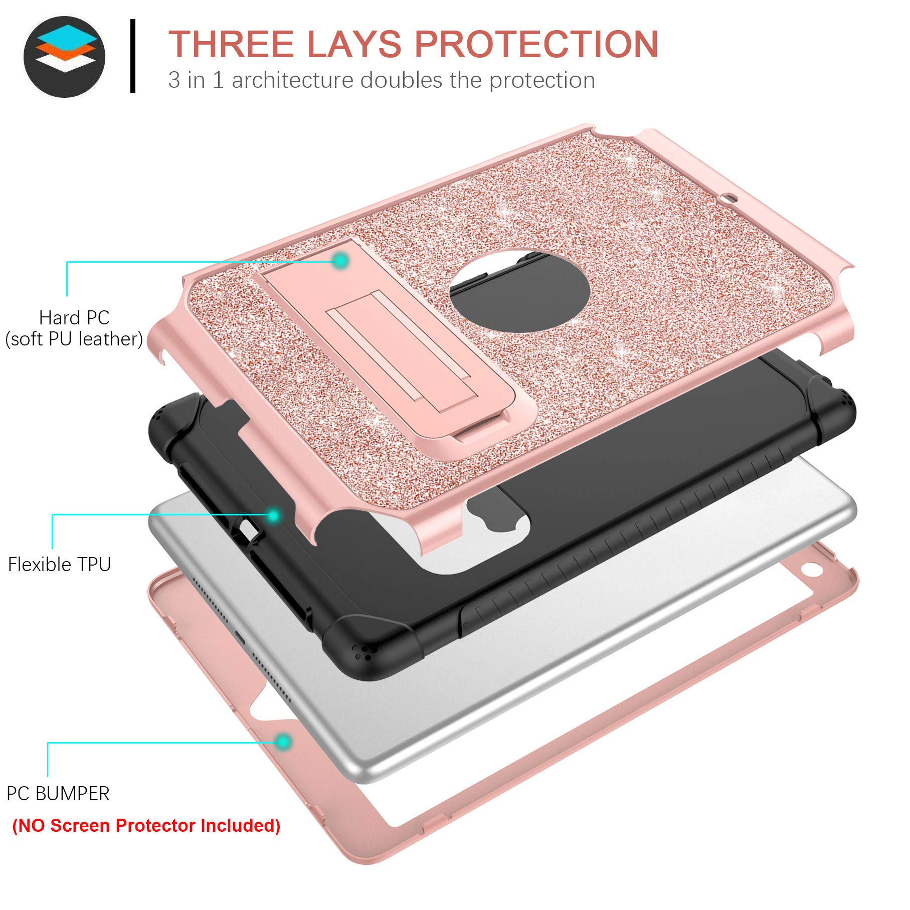 BENTOBEN for Case for iPad Air 2/iPad 9.7 2017/2018/Pro 9.7, iPad 5th/6th Generation Case, Glitter 3Layer Full Body Protective Shockproof Girls Women Kids Tablet Cover, Rose Gold