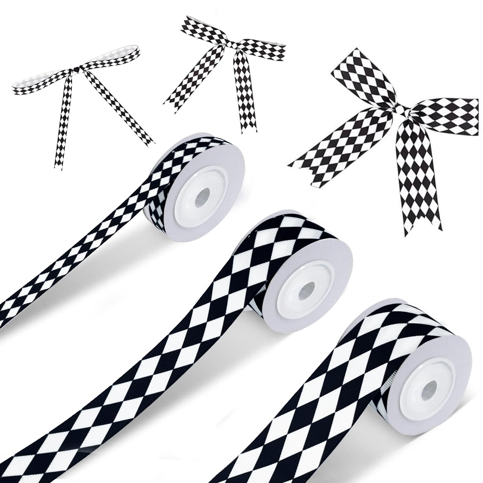 3 Rolls Black White Checkered Grosgrain Ribbon,Plaid Buffalo Ribbon Gift Packaging Ribbon,Crafts Racing Car Theme Printed Checkered Ribbon, for Bow,Xmas Fall Tree Wrapping,DIY Wreath Decorations