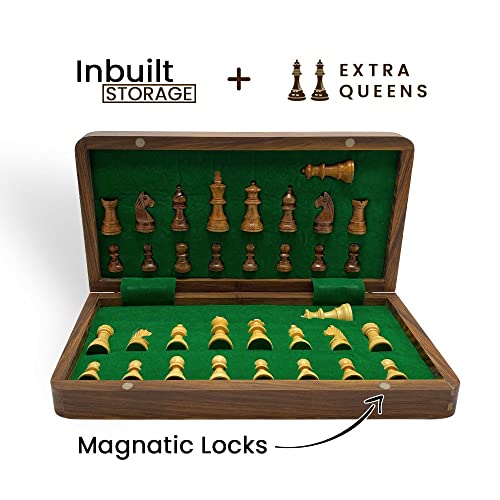BCBESTCHESS Handmade Magnetic Wooden Folding Chess Board with Extra Queens & Storage for Chessmen (7x7 Inches)
