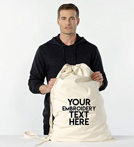 Custom Cotton Laundry Bags - Add Your Embroidered Name or Monogram - Personalized Large Drawstring Washable Hamper Tote for College, Dorms, Bathroom Organizer, Travel