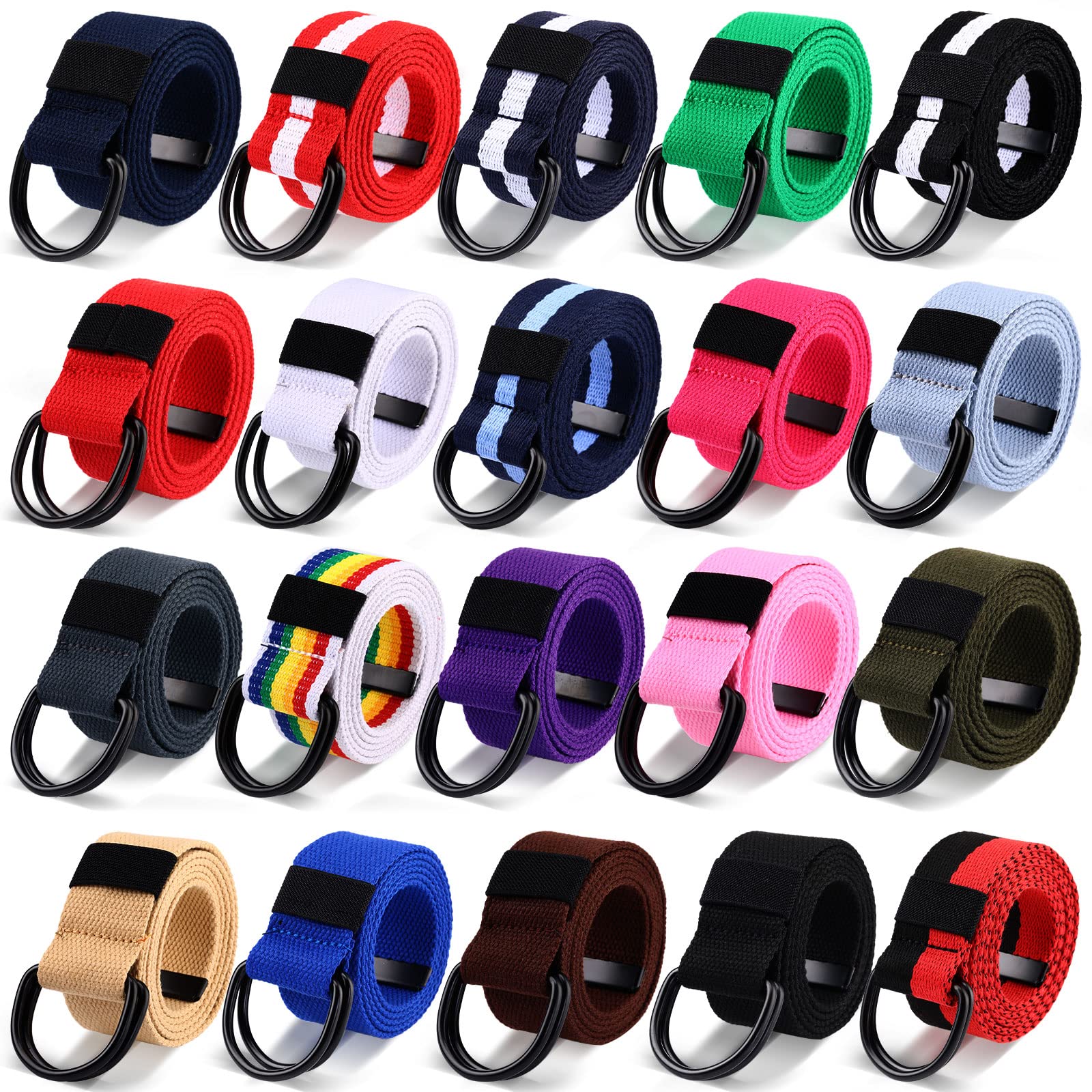 20 Pieces Bulk Canvas Belt for Men Women Web Fabric Casual Belt with Double D Ring 1 1/2'' Wide Canvas Casual Belt