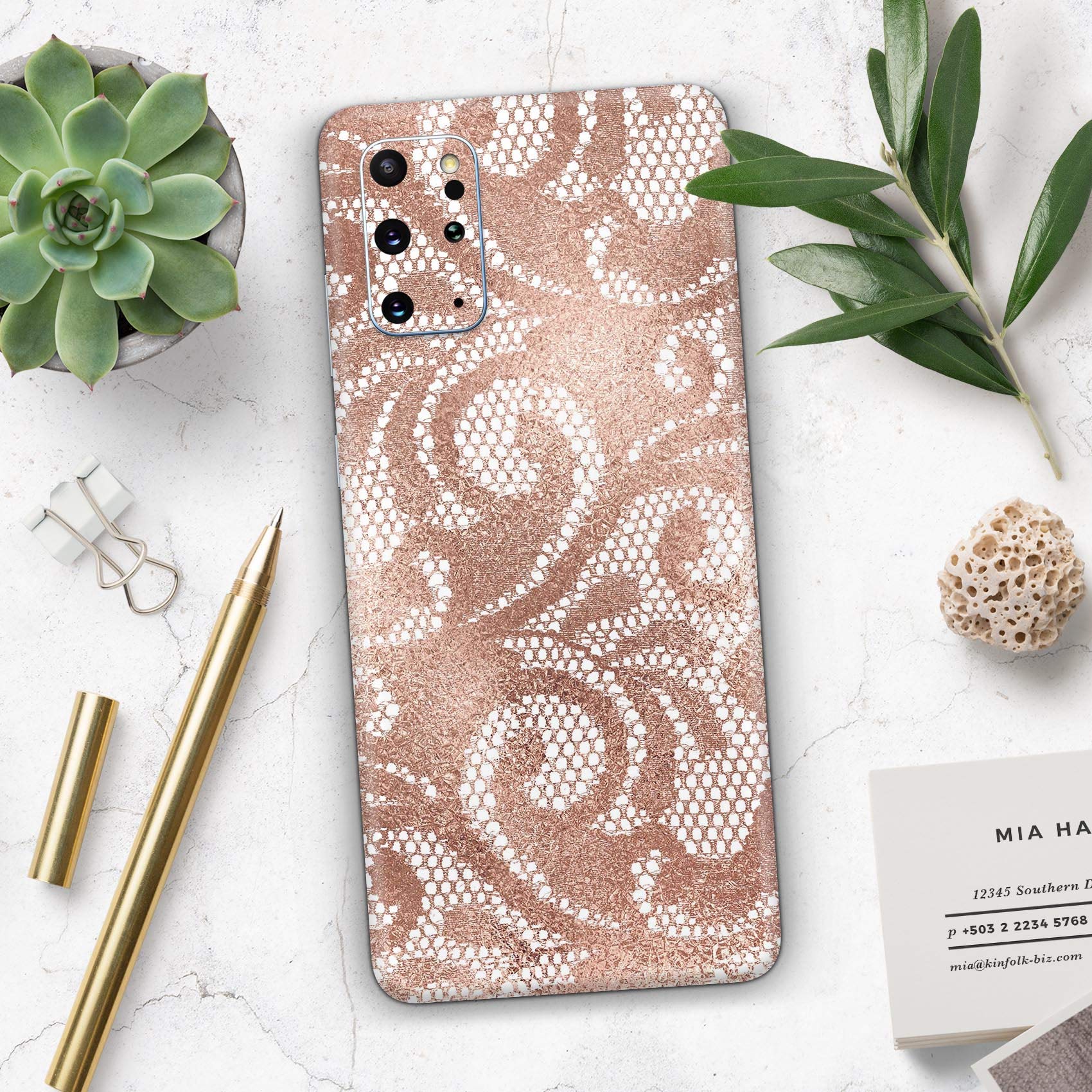 DesignSkinz Rose Gold Lace Pattern 14 Protective Vinyl Decal Wrap Skin Cover Compatible with The Samsung Galaxy S20 (Screen Trim & Back Glass Skin)