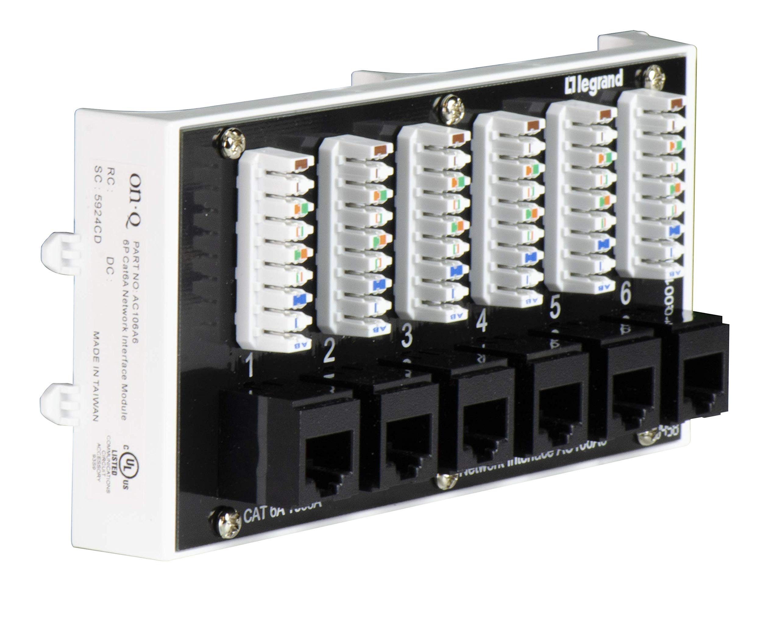 Legrand - OnQ Home Theater Patch Panel, 6 Port Interface Module, Cat 6A Network Patch Panel for Wired Ethernet Connection, Black, AC106A6