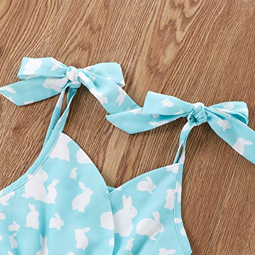 Flashing boy One-Piece Toddler Kid Baby Girl Easter Outfit Bowknot Strap Romper Ruffle Bunny Print Jumpsuit Headband (Blue-Rabbit, 3-4 Years)