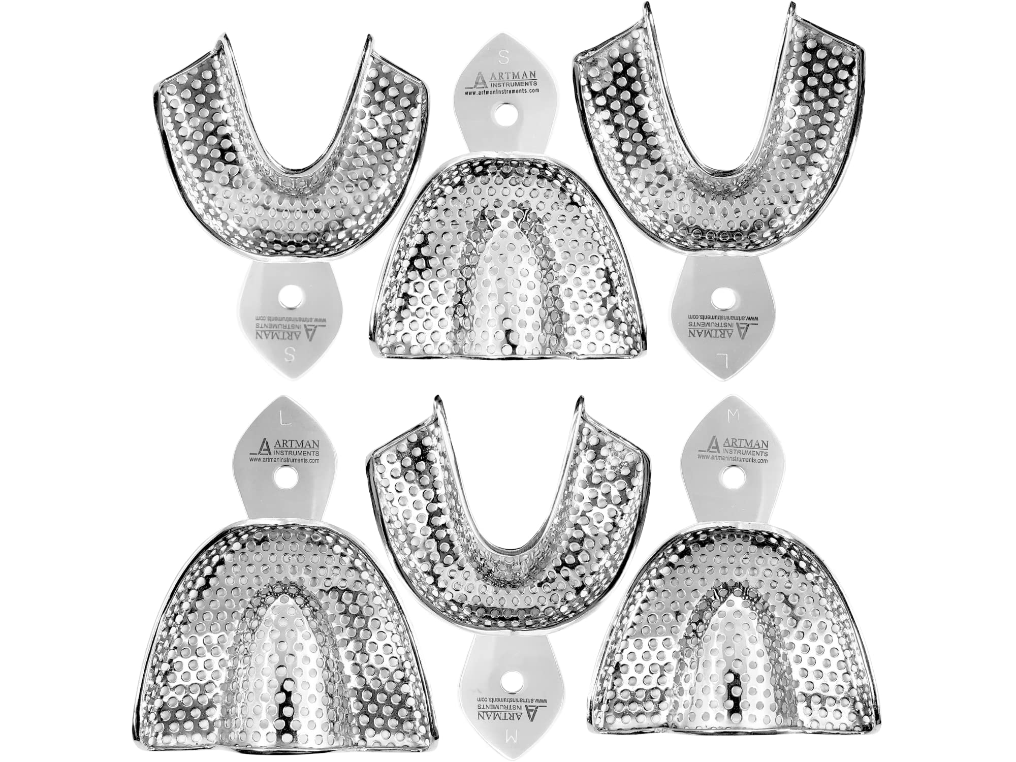 ARTMAN INSTRUMENTS Dental Impression Trays – Set of 6 Stainless Steel, Perforated, Autoclavable Trays (Small, Medium, Large) for Upper & Lower Teeth – Durable, Reusable, Rounded Margins for Comfort