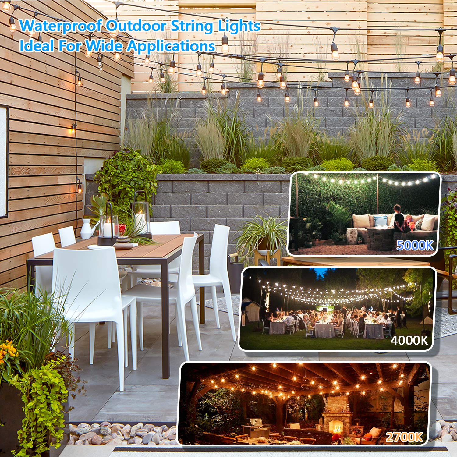 3 Color Dimmable LED Outdoor String Lights with Remotes, 48FT Waterproof Patio Hanging Lights with Shatterproof E26 S14 LED Bulbs for Bistro CafeĀ Pergola Party, Warm White/Nature White/Daylight White