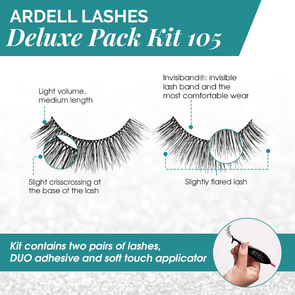 Ardell False Eyelashes Deluxe Pack 105 - Black, Natural Look Lashes, Includes Lash Adhesive & Applicator, Reusable Lash Set for Everyday Wear, 4 Pack