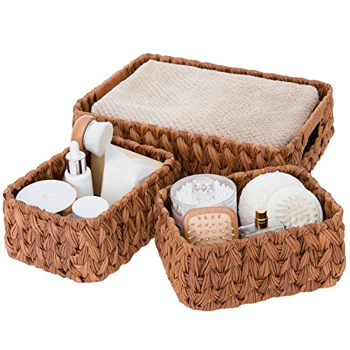 GRANNY SAYS Bathroom Baskets for Organizing, Wicker Storage Baskets for Bathroom, Bathroom Counter Storage, Toilet Basket Tank Topper, Caramel Orange, Set of Wicker Baskets 3 Pack