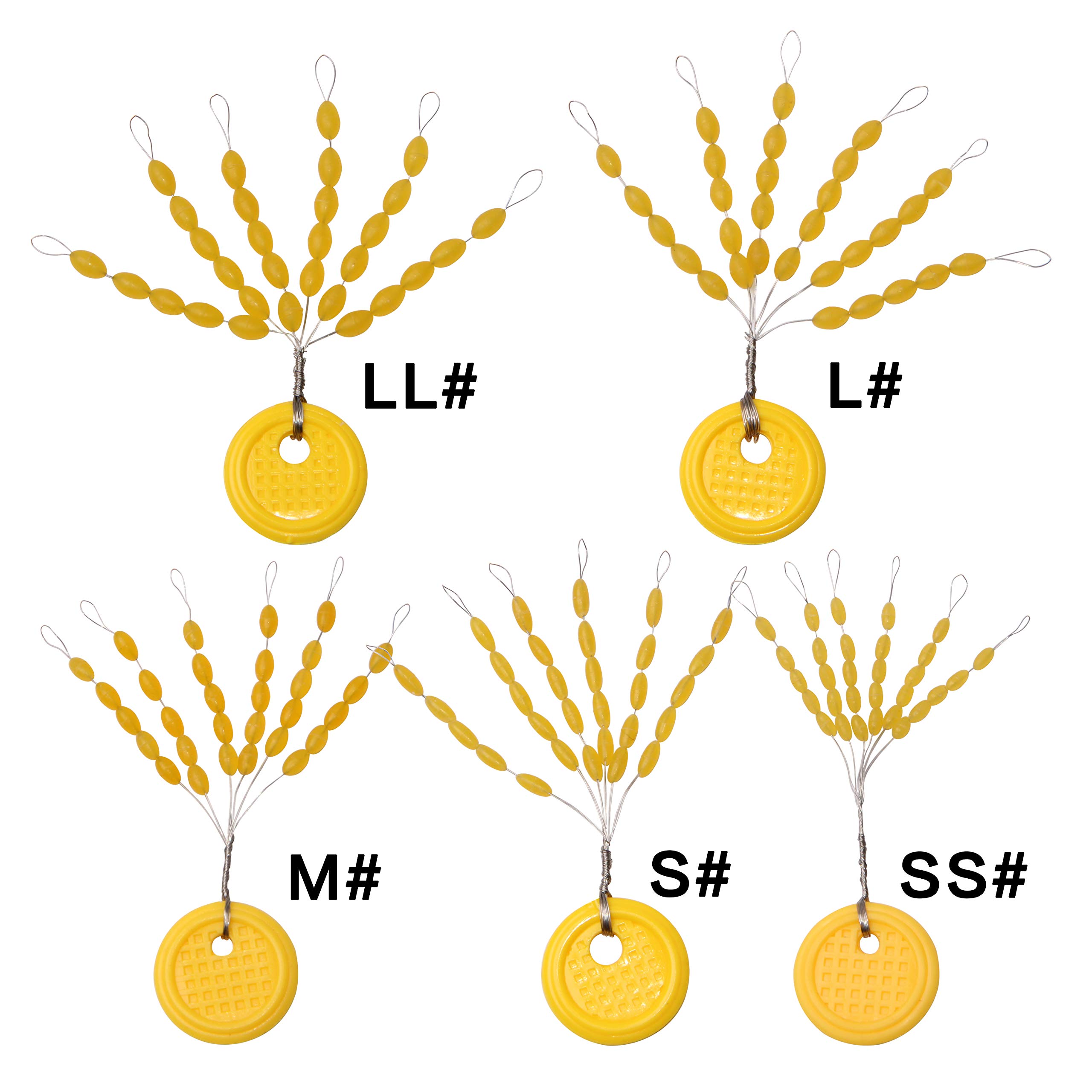 300pcs Fishing Float Bobber Stopper, 10 Set 30-in-1 Rubber Bobber Stopper Beads Oval Yellow Fishing Line Stoppers Float Sinker Stops (300pcs Size LL)