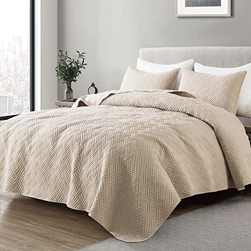 Beige Quilts Queen Size Bedding Sets with Pillow Shams, Tan Cream Lightweight Soft Bedspread Coverlet, Quilted Blanket Thin Comforter Bed Cover, All Season Summer Spring, 3 Pieces, 90x90 inches