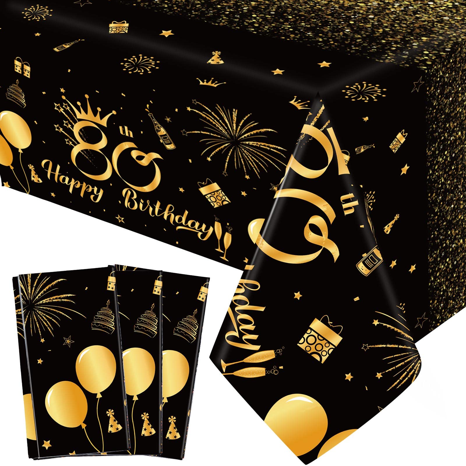 3 Pack 80th Birthday Decorations for Men 80th Birthday Tablecloth Disposable Plastic 80th Birthday Table Cover Rectangular Black and Gold Table Cloths for 80th Parties Decoration (80th)