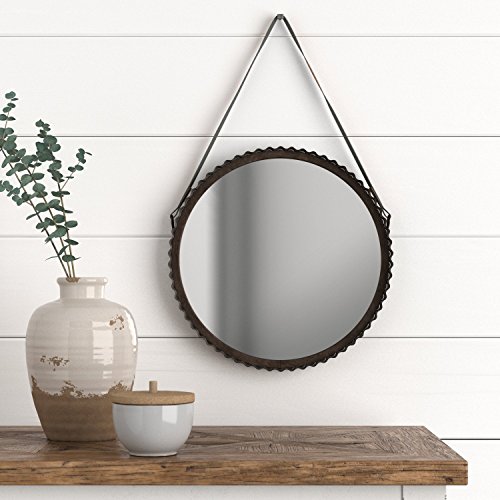 Amazon Brand – Stone & Beam Rustic Farmhouse Round Wood Iron Mirror with Faux Leather Strap - 22 Inch, Black Metal