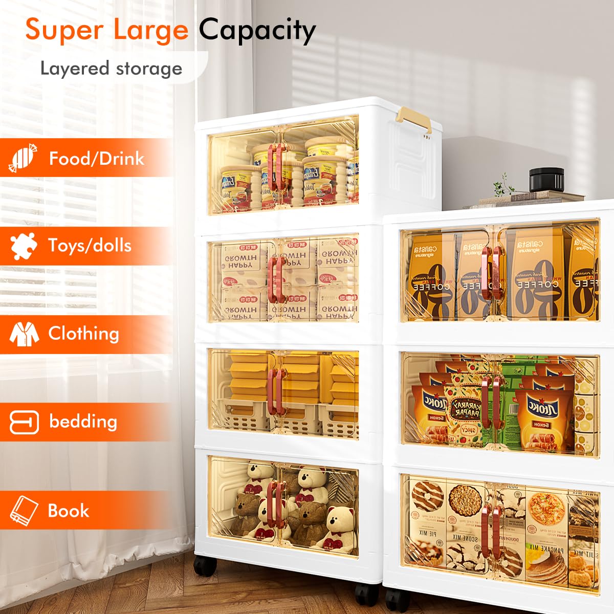 3 Tier Stackable Storage Bins with Lids and Wheels, 88 Qt Organizers and Storage, Collapsible Storage Containers, Organization and Storage Boxes for Living room, Bedroom, Office