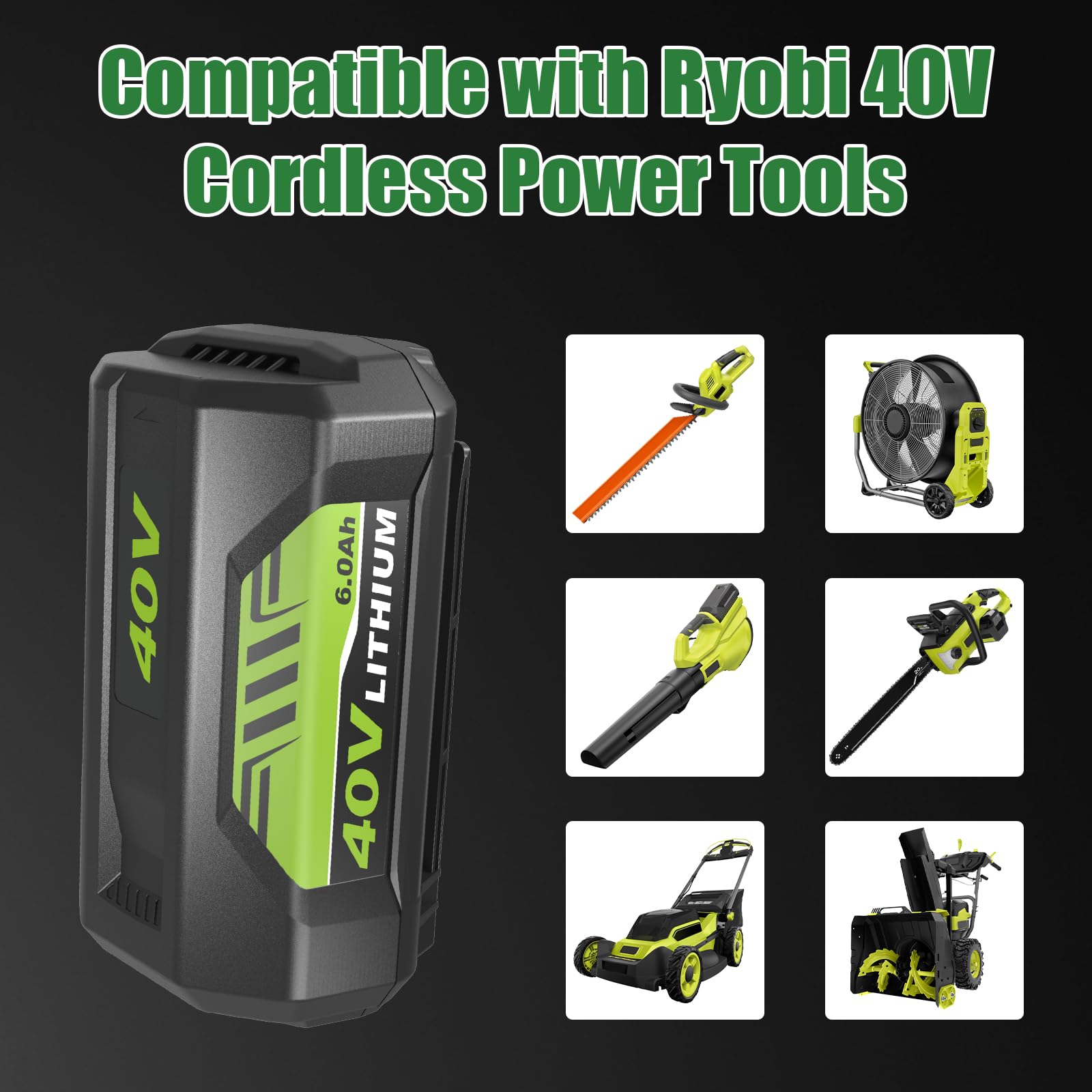 2Pack 6.0Ah OP40601 Replacement for Ryobi 40V Battery Compatible with Ryobi 40 Volt Battery Lithium OP4040 OP40401 OP4026 OP40261 OP4050 OP40201 Compatible with Ryobi Battery 40V Power Tools (Green)