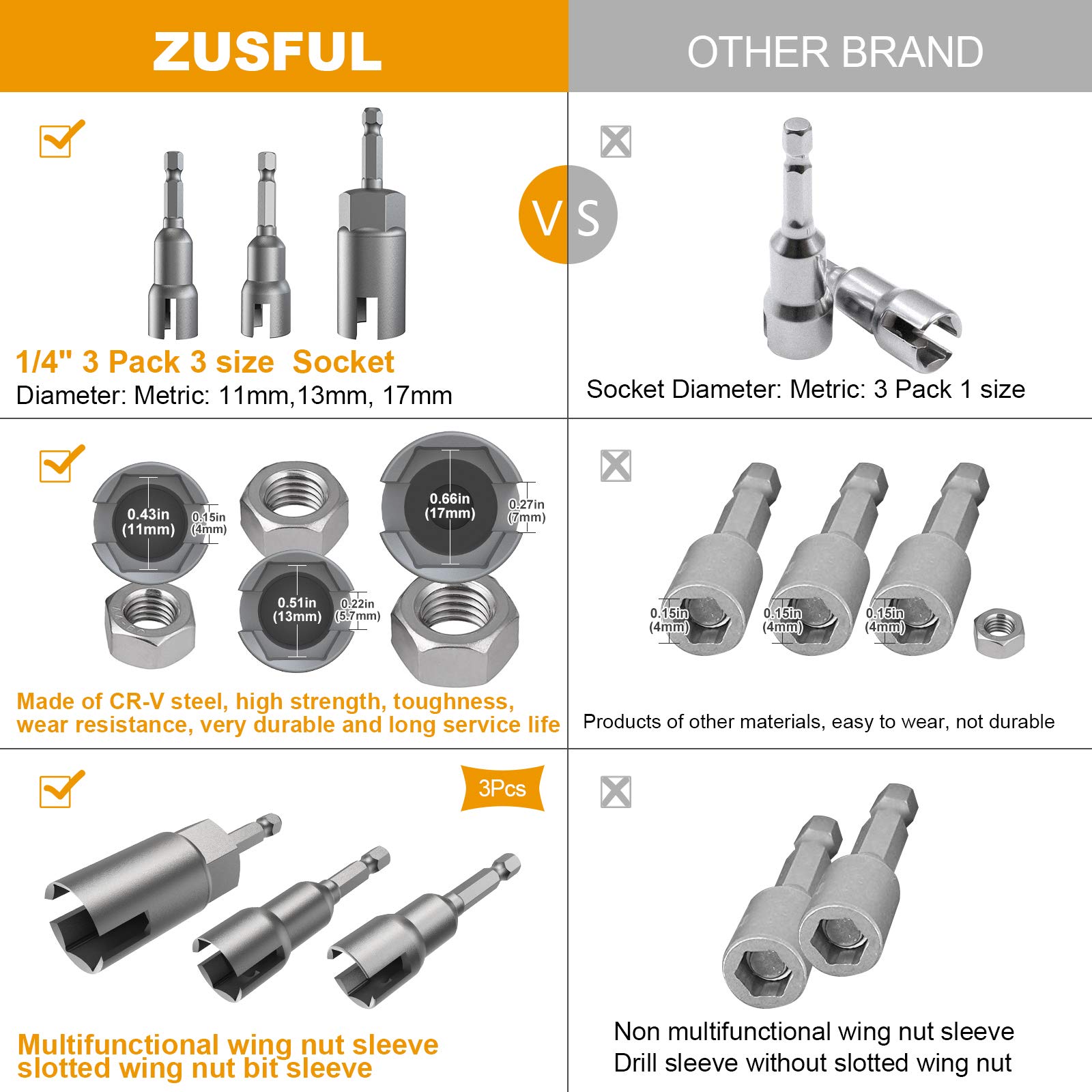 3 Pack 1/4" Hex Shank,Power Wing Nut Driver Set,Slot Wing nuts Drill Bit Socket Wrenches Tools Set, Drills Bits for Panel Nuts screws eye C hook bolt