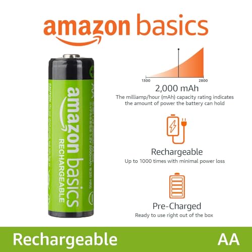 Amazon Basics 8-Count Rechargeable AA NiMH Batteries, 2000 mAh, Recharge up to 1000x Times, Pre-Charged