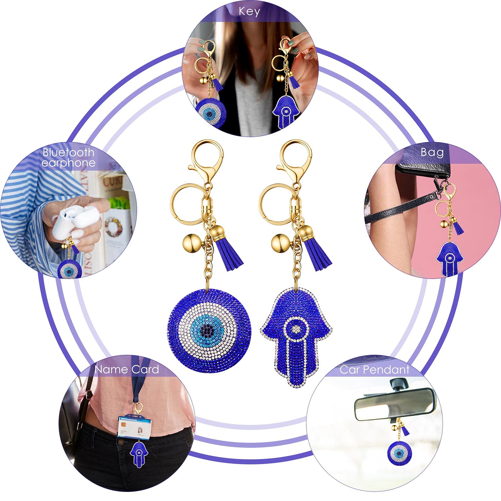 2 Pcs Evil Eye Keychains Hand-shaped Accessories Cute Key Holder Bling Key Rings Faux Crystal Car Keychain Handbag Pendant Hamsa keychain Women Amulet Artificial Crystal Keychains for Decoration