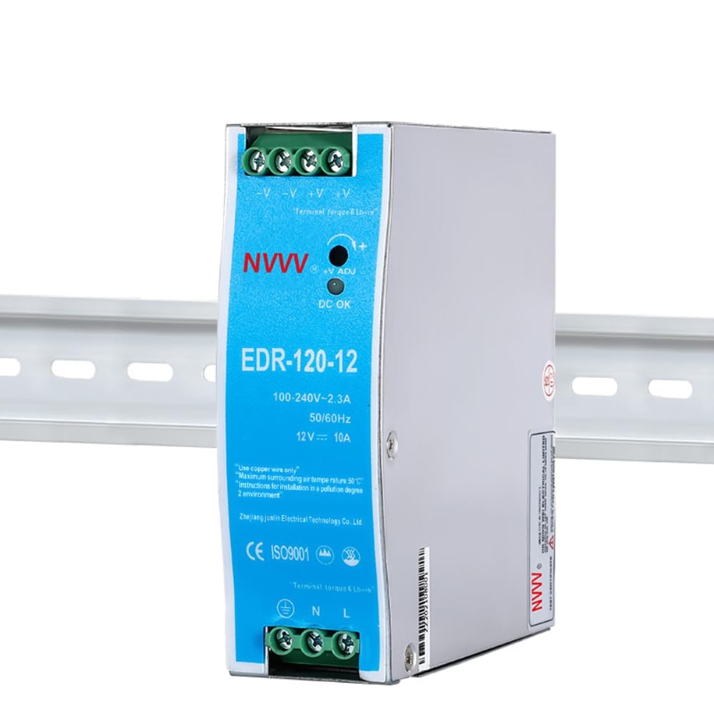 NVVV EDR-120-12 120W 12VDC 10Amp Industrial DIN Rail Power Supplies (12V 120W), Silver