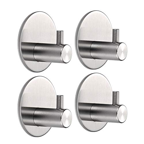 Grelity 4 Pack Round Adhesive Hooks, Super Strong Heavy Duty Stainless Steel Hooks, No Drill No Screw,Self AdhesiveWall Mounted Hanger for Key Robe Coat Towel (Silver 02)