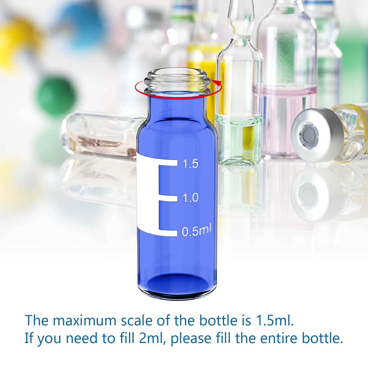 2mL Autosampler Vials with Caps, Lab Amber Vial 1000 PCS, 9-425 HPLC Vials with Blue Screw Caps, Writing Patch, Graduation, Red PTFE & White Silicone